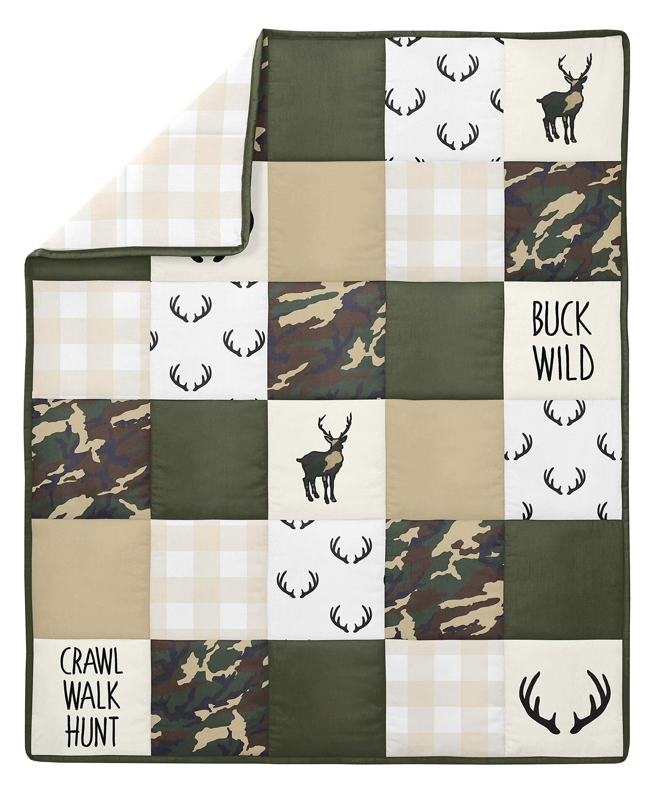 Sweet Jojo Designs Green and Beige Deer Buffalo Plaid Check Woodland Camo Baby Boy Crib Bedding Set - 4 pieces - Rustic Camouflage