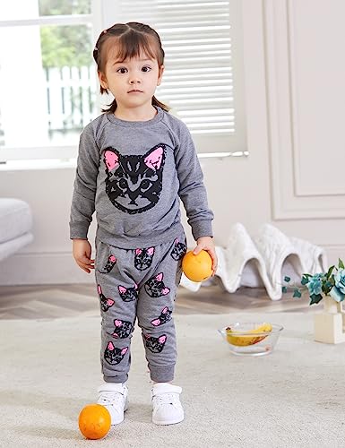 puseky Toddler Kids Girls Cute Cat Sweatshirt Tops & Pants Tracksuit Outfits Set (3T-4T, Grey)