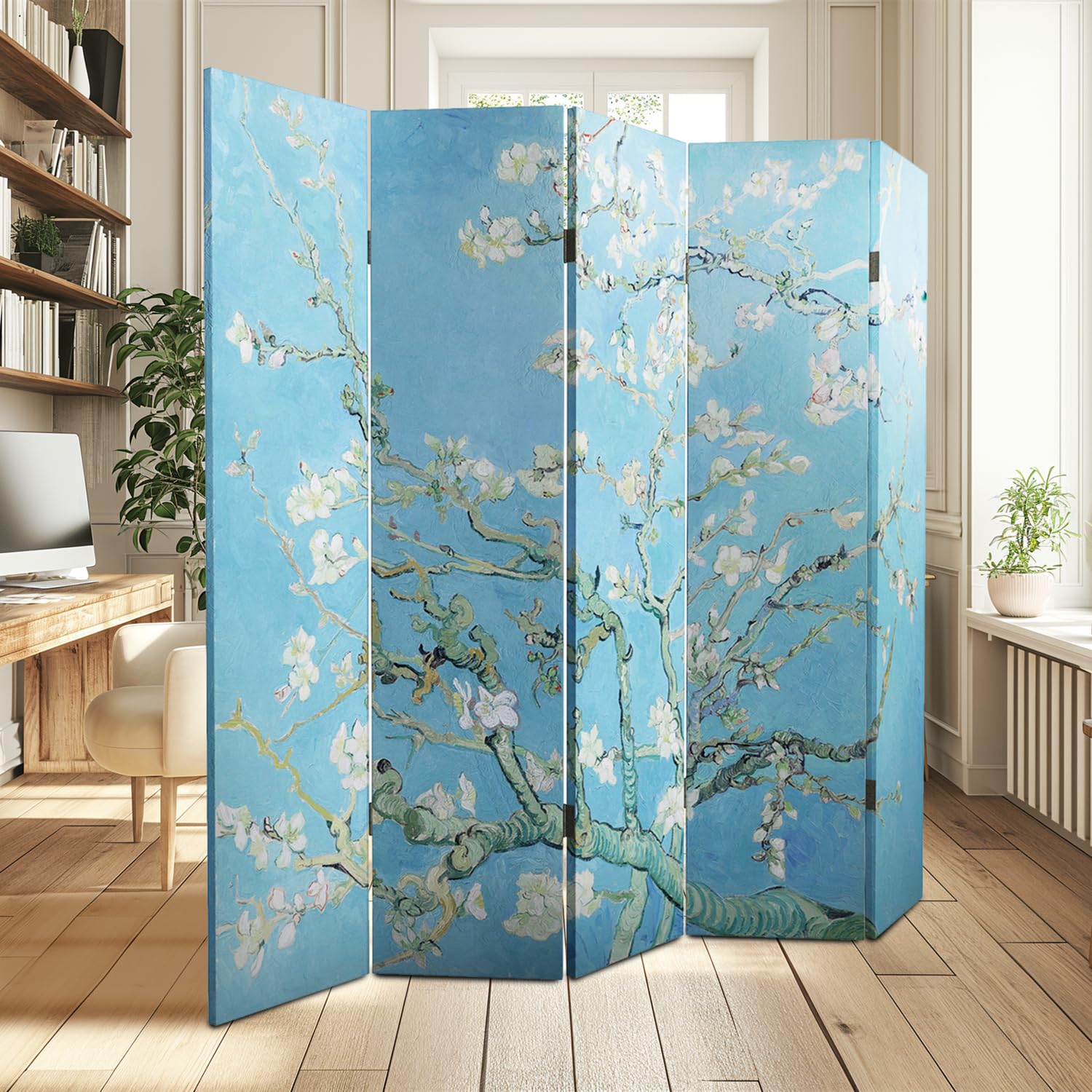ARSTRIA 5-Panel Folding Room Divider Privacy Screen Van Gogh's Almond Blossoms Painting Canvas Foldable Portable Room Separating Divider Room Partition Freestanding Home Decor 71'' High