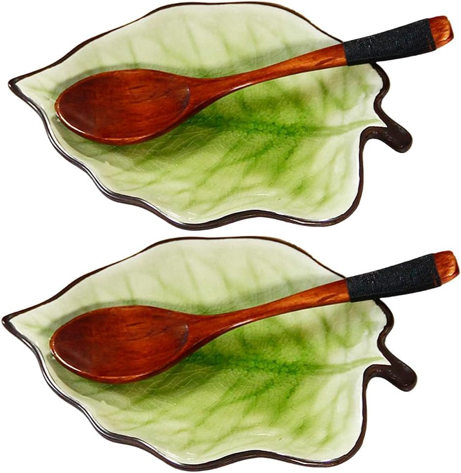 Lanxitown 2pcs Ceramic Spoon Rest Leaf Shaped Spoon Holder Coffee Spoon Rest Kitchen Spoon Rest for Modern Farmhouse Decor Spoon Holder for Kitchen Counter(No Spoon) (Green Leaf, 7.5"x5.1"x1")