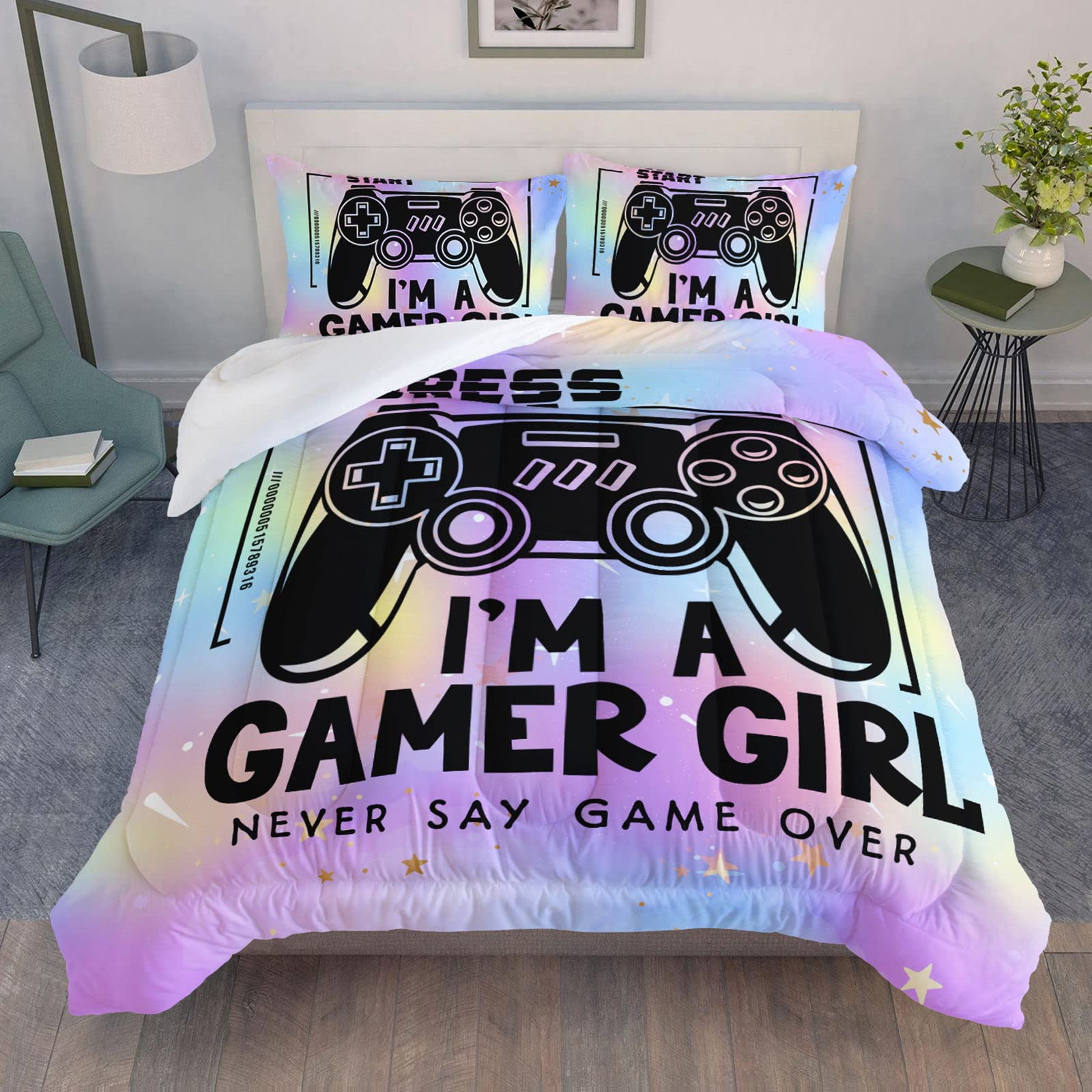 BailiPromise Kids Gamer Comforter Set Girls Pink Purple Gamepad Print Quilt Bedding for Boys and with 1 2 Pillowcases All Season(Purple Twin) Twin 68x86inches