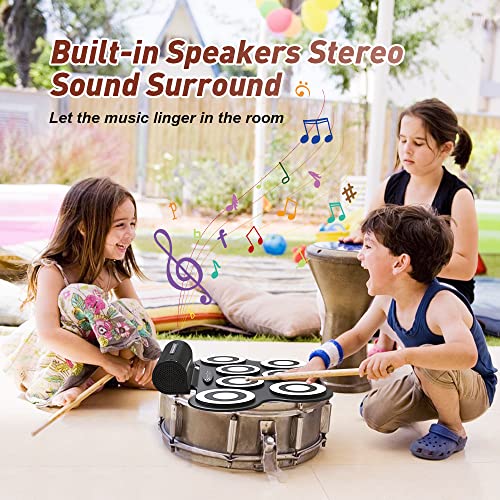 7 Pads Electronic Drum Set, Electric Drum Pad Roll-Up Drum Practice Pad Drum Kit Built-in Speaker with Drum Pedals Drum Sticks 10 Hours Playtime, Great Holiday Birthday Gift for Kids-White