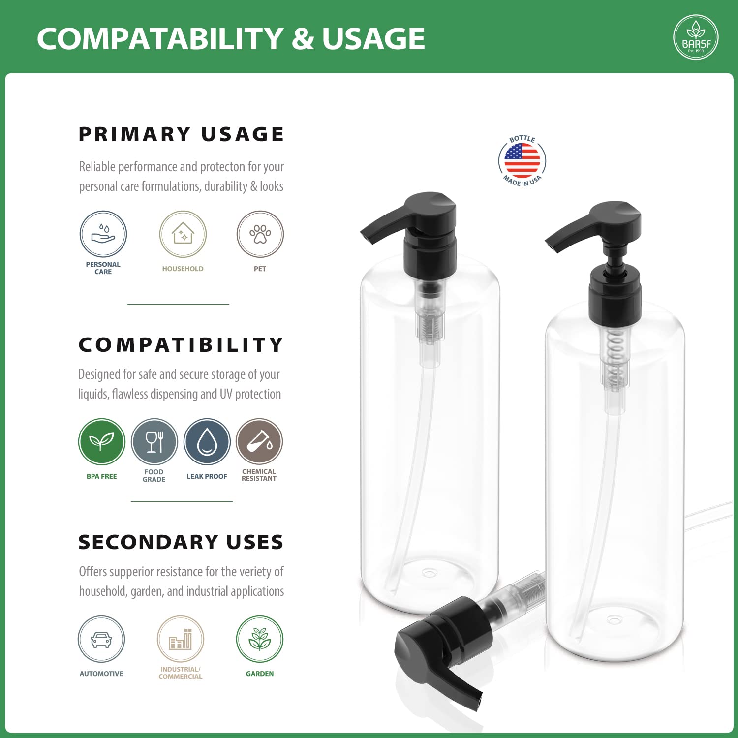 Empty Shampoo Pump Bottles, 32oz(1Liter), BPA-FREE, Plastic (PETE1) Cylinder, Pack of 3