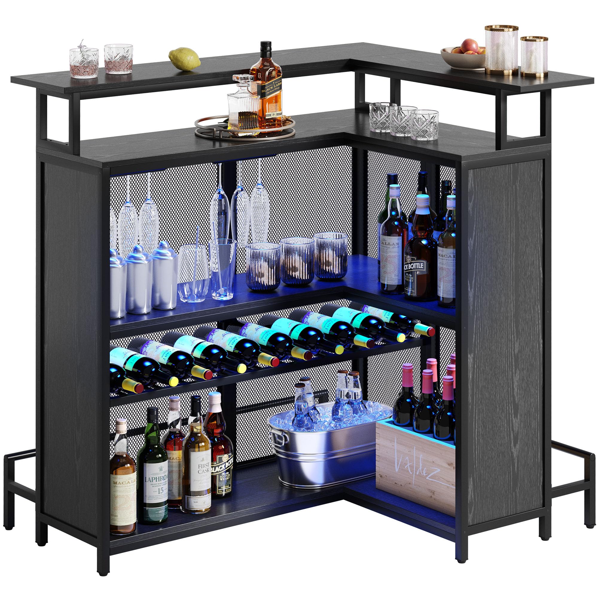 YITAHOME L Shaped Mini Home Bar Unit for Living Room with Music Sensing LED Light, Tall Bars Furniture Table with Wine Rack Alcohol Storage Glasses Hanger Footrest for Kitchen Pub, Black
