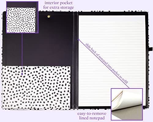 Steel Mill & Co Cute Clipboard Folio with Refillable Lined Notepad and Interior Storage Pocket, Black and White Padfolio for Work, Black Dots
