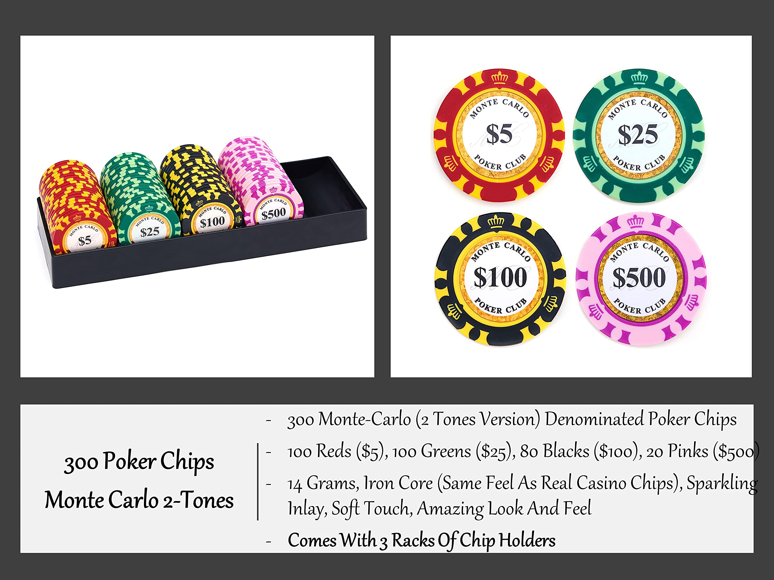 Deluxe 300 Poker Chips Set - Poker Set 300 Chips, Shock Resistant Case, 2 Tones Monte Carlo Poker Chips (14g Clay Poker Chips with Denominations, Casino Chips) 100% PVC Cards, Cut Cards, Blackjack Set