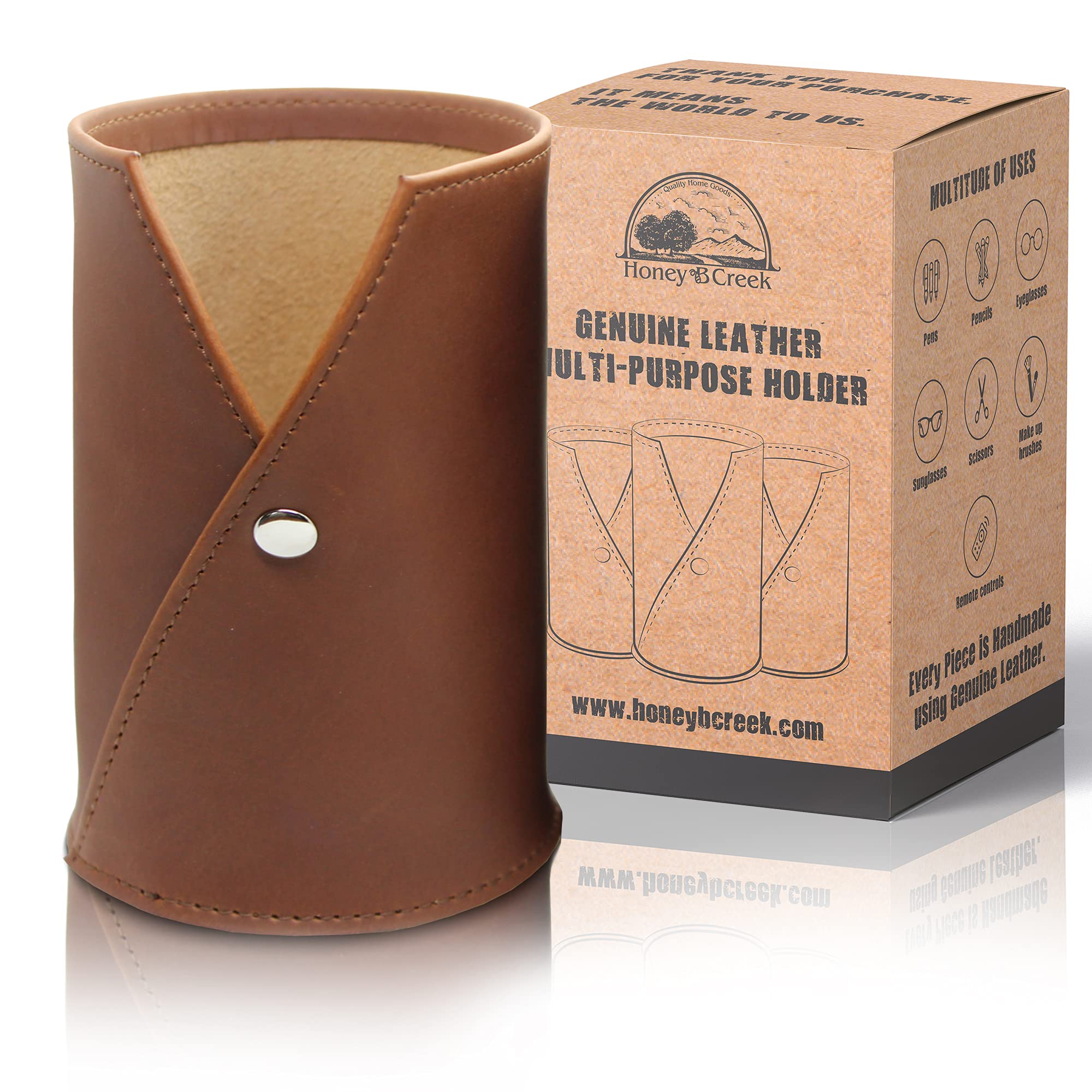 Desk Accessories for Women Office- Pen Holder Handmade with Genuine Leather for Desk Organization or Storage for Remote Controls | Eyeglasses | Sunglasses | Office Supplies | Sewing Supplies (Brown)