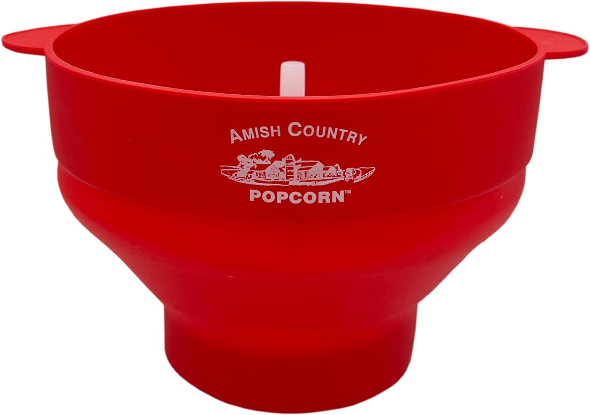 Amish Country Popcorn | Collapsible Silicone Microwave Popper with Customized ACP Logo | BPA and PVC Free Popcorn Bowl with Handles | Dishwasher Safe | Includes 2-2 oz Bags of Kernels (Red)