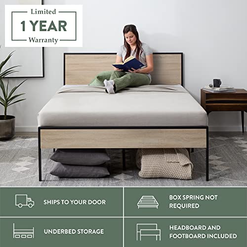 Edenbrook Bed Frame - Metal Platform Bed - Wood Headboard and Footboard - Box Spring Optional, Queen, White Oak