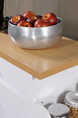 Hodedah Kitchen Island with Spice Rack, Towel Rack & Drawer, White with Beech Top, 15.5 x 35.5-44.9 x 35.2 inches