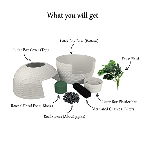 keygarzone Plant Litter Box with Lid, Hidden Cat Litter Furniture with Rattan Pattern for Large Cat, PP Material Waterproof, Easy Assemble & Clean