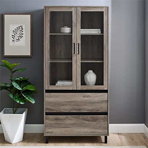 Walker Edison Furniture Company Glass Door Storage Hutch, 68 Inch, Grey Wash