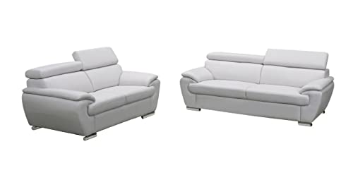 Blackjack Furniture 4571 Veal Collection 2 Piece Genuine Leather Sofa Set for Living Room, Modern Couch and Loveseat with Lumbar Support and Large Adjustable Headrests, 2+3 Seater, White