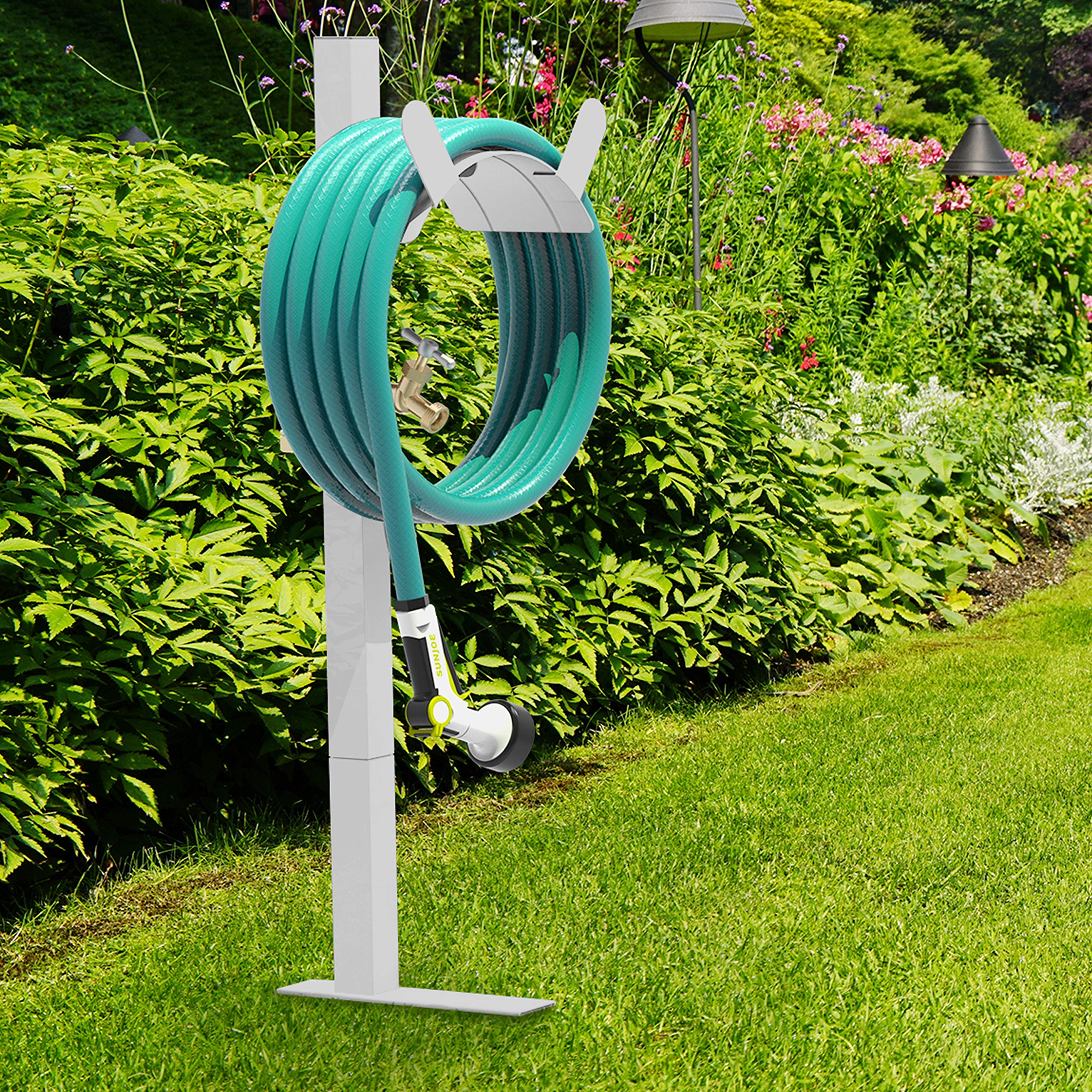 Aqua Joe SJ-SHSBB3LIH Garden Hose Stand with Brass Faucet and 3 ft Lead in Hose, Gray