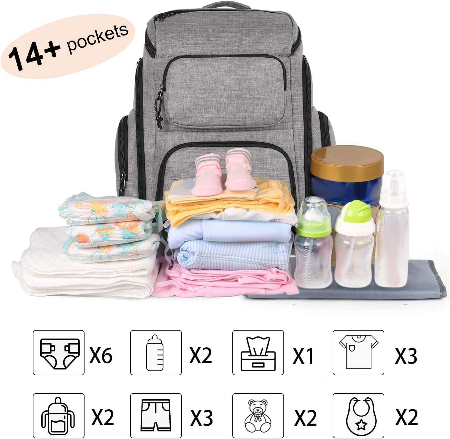 Mancro Diaper Bag Backpack, Multifunctional Travel Dad Diaper Bag with Insulated Pockets, Large Capacity Baby Diaper Backpack for Men and Women with Laptop Pocket and Stroller Straps, Grey