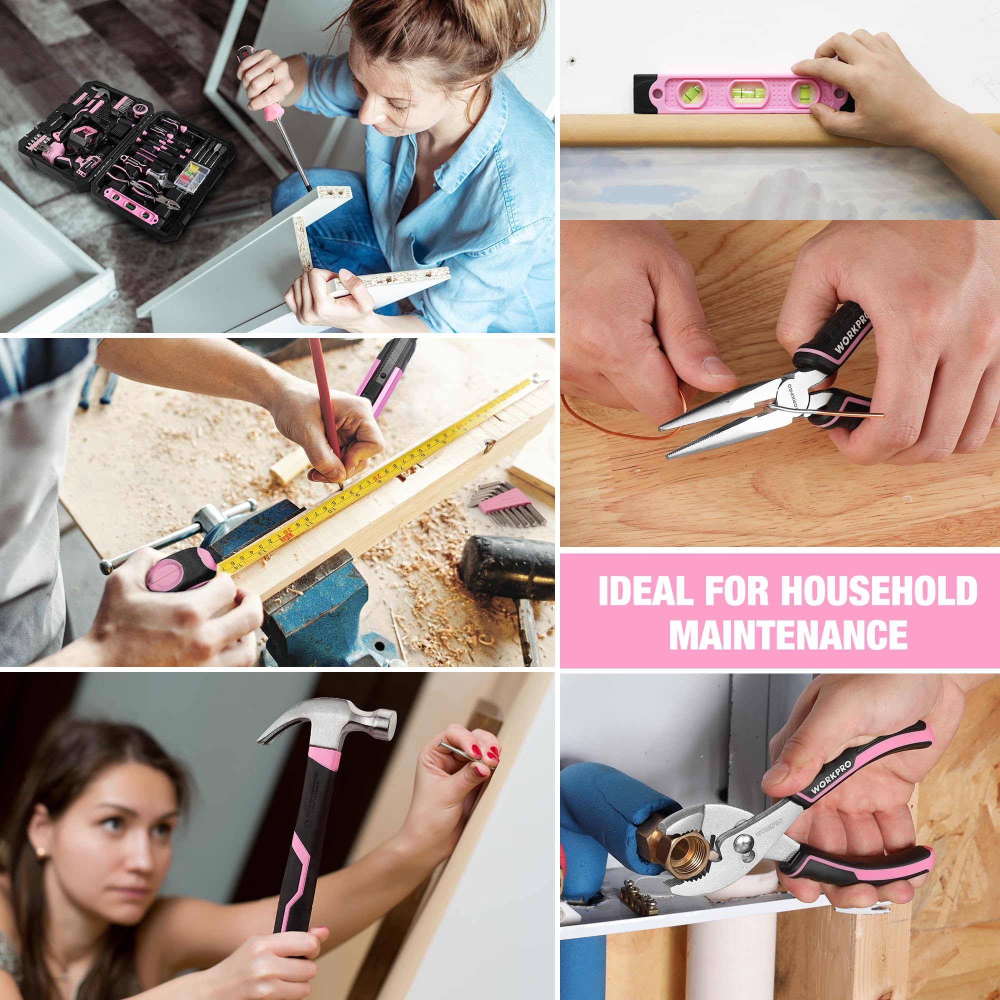 WORKPRO 20V Pink Cordless Drill Driver and Home Tool Set, 141PCS Hand Tool Kit for DIY, Home Maintenance, 2.0 Ah Li-ion Battery, 1 Hour Fast Charger, and Tool Box Included - Pink Ribbon