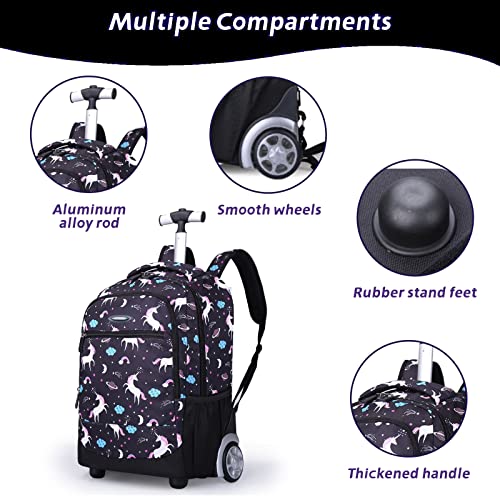 Tanou Rolling Backpack for Kids Adults, 18" Waterproof Backpack with Wheels for Girls Boys, Roller Bookbags for School Travel, Age 7+, Black Horse