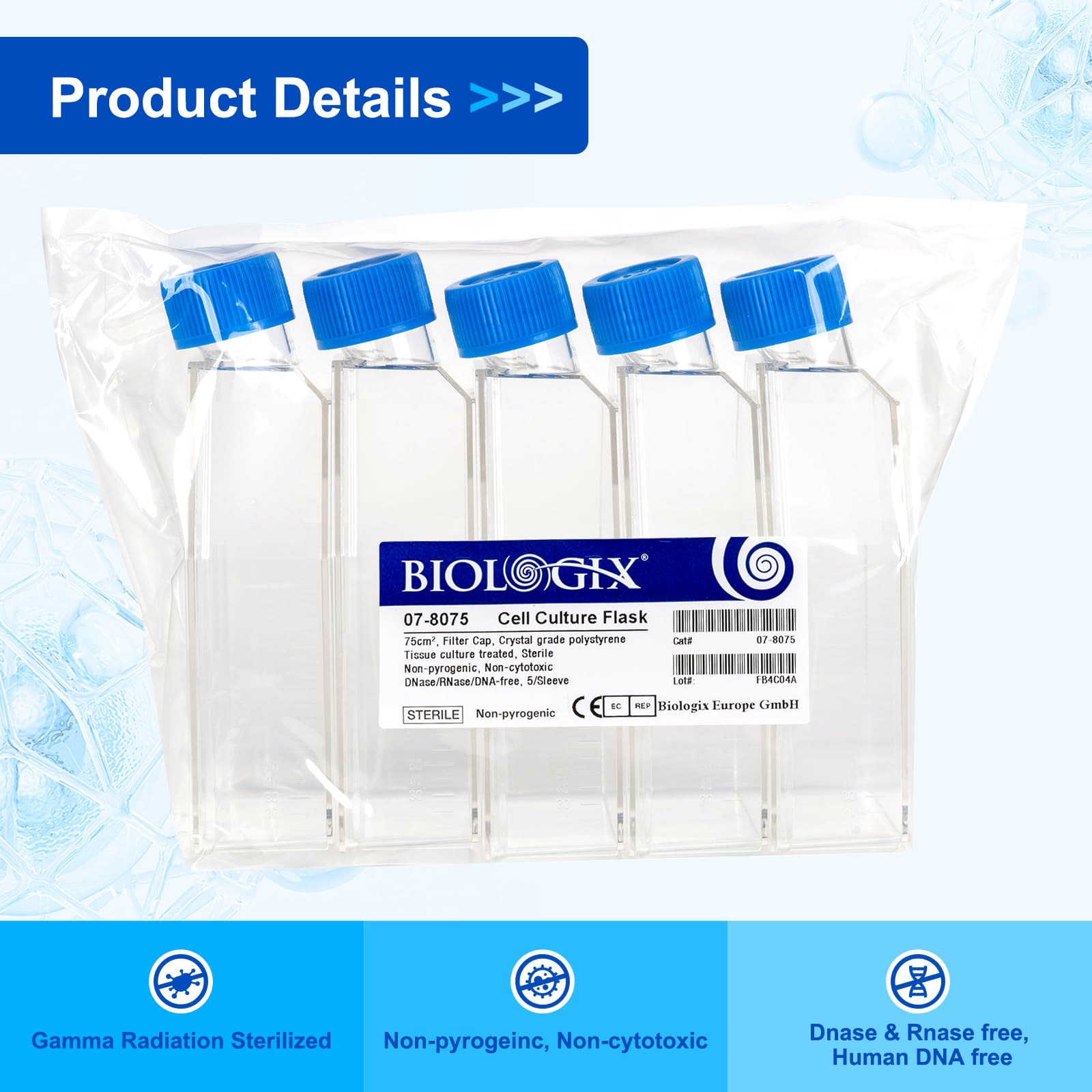 CryoKing Cell Culture Flasks, Sterile Plastic Tissue Culture Bottle with Filter Cap, 75cm² Culture Area, TC Treated, 25ml Working Volume, Pack of 5