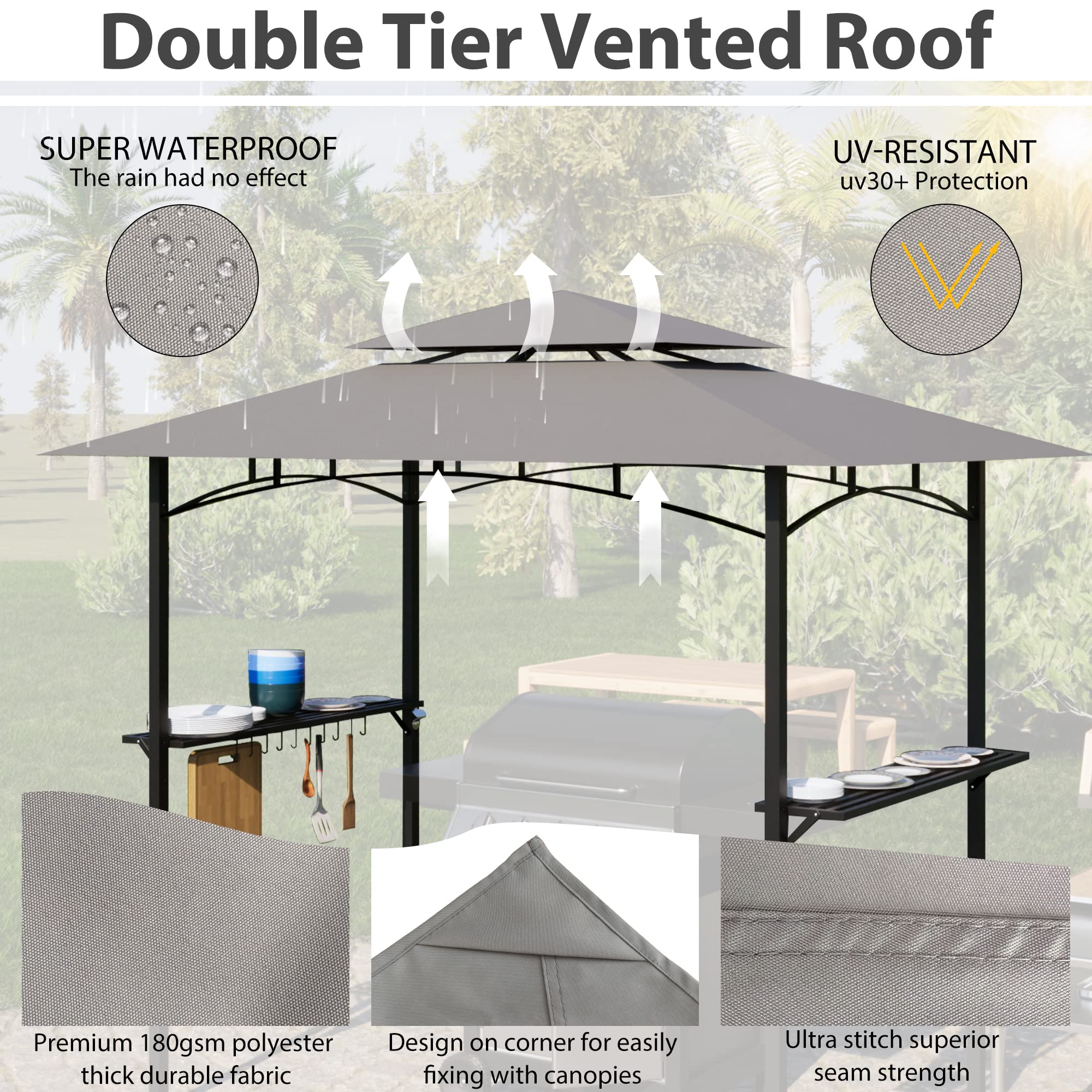8 x 5 FT Grill Pergola Tent with Air Vent Double Tiered BBQ Gazebo Outdoor Barbecue Canopy, Khaki