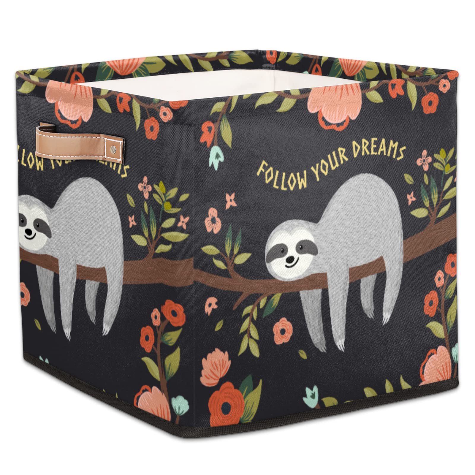 AUUXVA Follow Your Dream Quote Storage Basket for Closet, Cute Sloth Storage Bins with Handles, Foldable Storage Cube Boxes for Toys Shelves Pantry Nursery Organizing