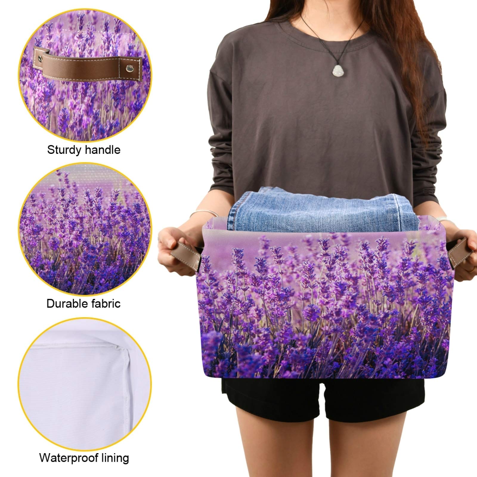 AUUXVA Storage Basket Purple Lavender Field Storage Cube Box Durable Canvas Collapsible Toy Basket Organizer Bin with Handles for Shelf Closet Bedroom Home Office