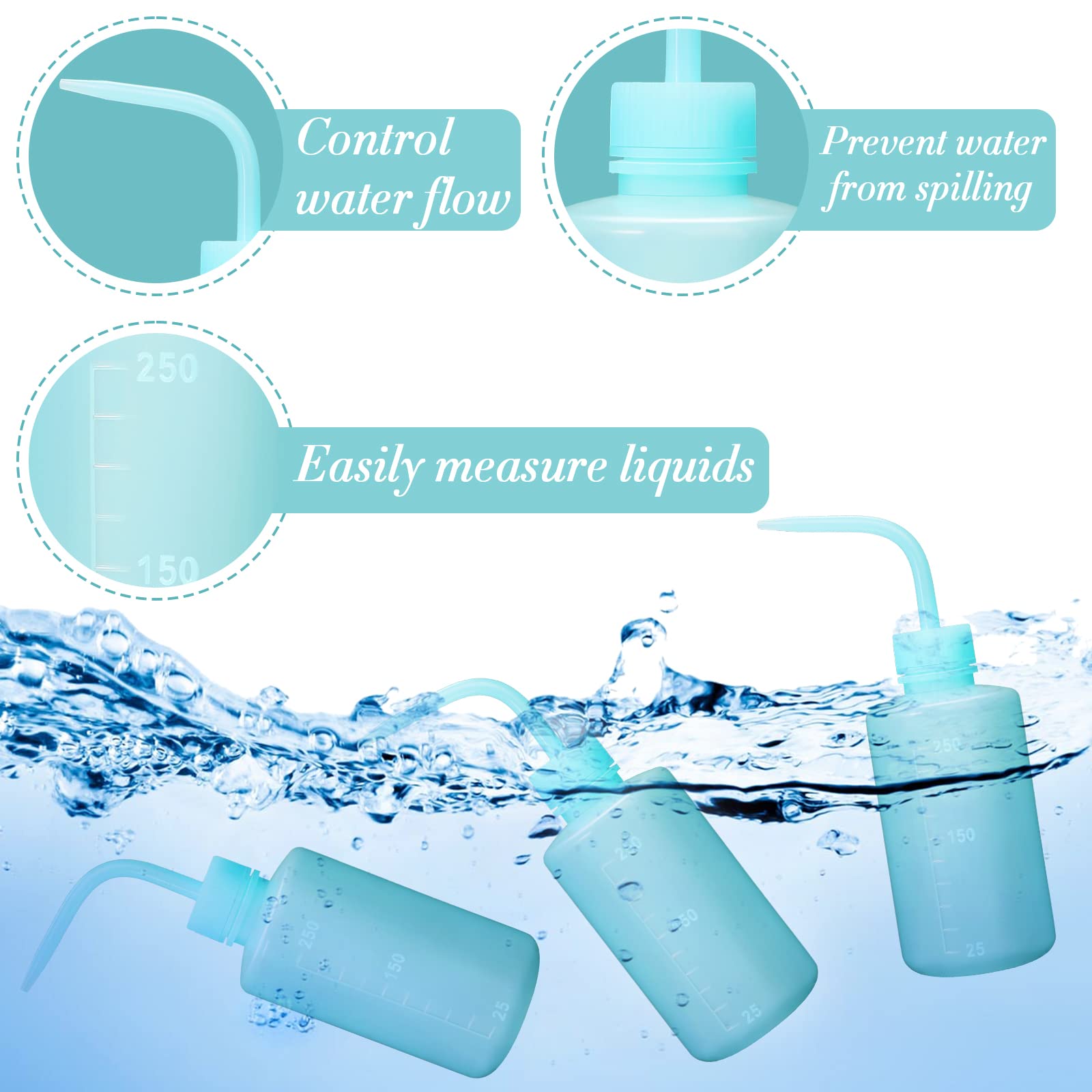 6 Pcs 250 ml Tattoo Wash Bottle Water Squirt Bottle Lab Squeeze Bottles Lash Water Bottle Squeezer with Narrow Mouth Scale Labels Safety Rinse Bottle for Eyelash Extensions, Succulent Watering (Blue)