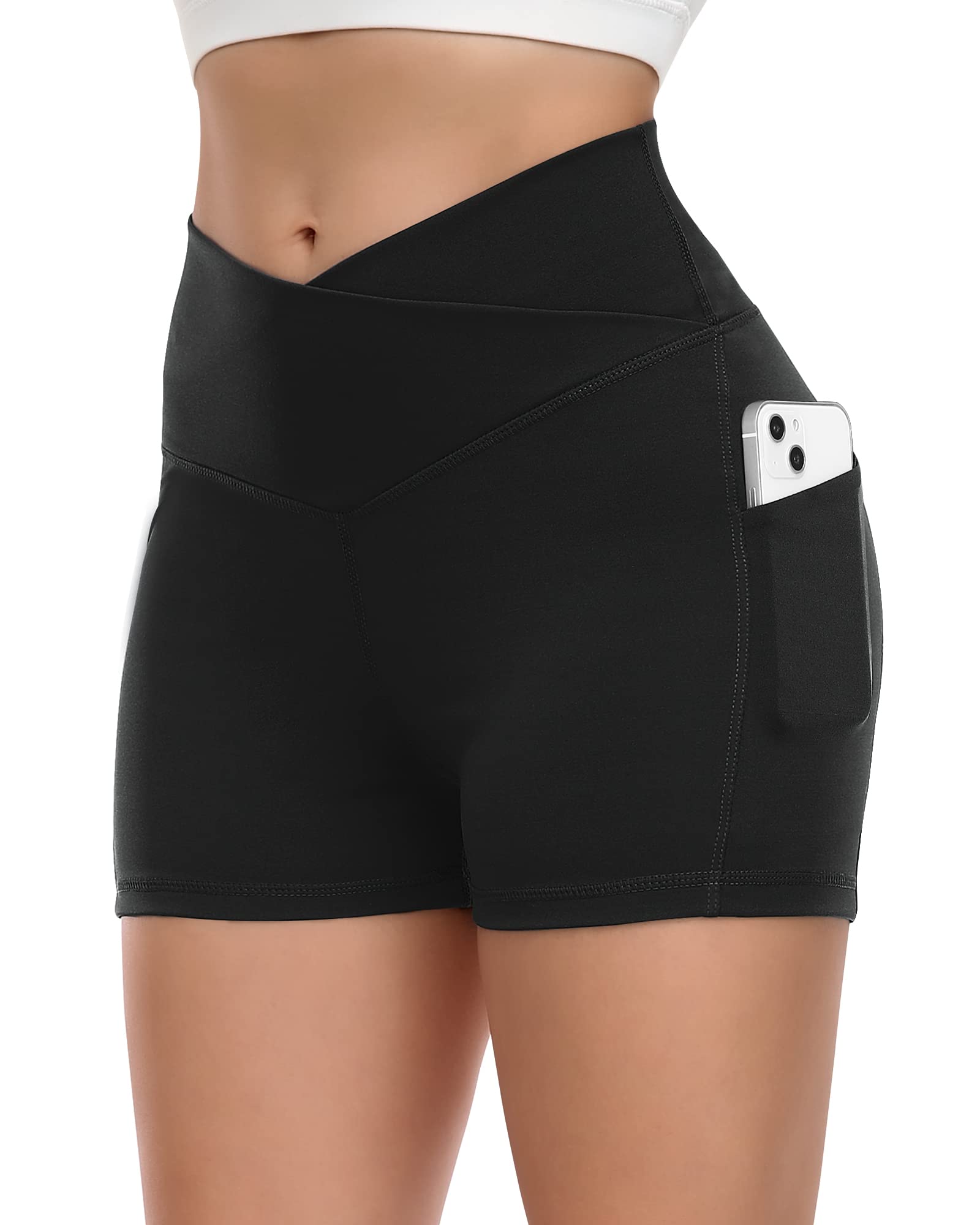 A AGROSTE Women Cross Waist Workout Shorts with Pockets 3" Scrunch Butt Lifting Shorts High Waist Booty Biker Short