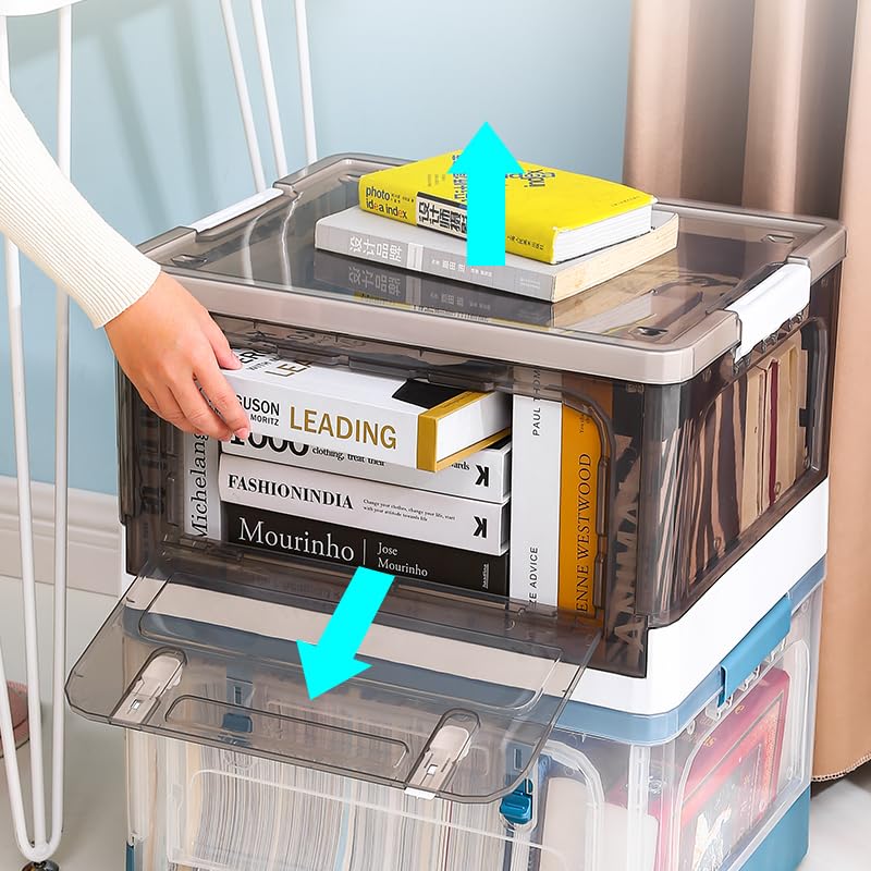 RUNMEIJIA Storage Bins,Clear Plastic Folding Storage Box with Lid with Wheels Stackable Plastic Box, For Home, Dorm and Office Organization, Fabric Toys Books Snacks Bottles (50 Quarts, White)