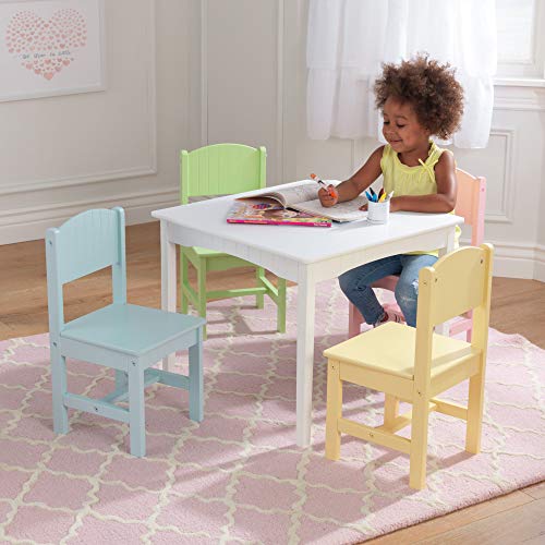 KidKraft Wooden Wall Storage Unit with 8 Plastic Bins and 13 Compartments - White, Gift for Ages 3+ and Nantucket Kid's Wooden Table & 4 Chairs Set with Wainscoting Detail, Pastel, Gift for Ages 3-8