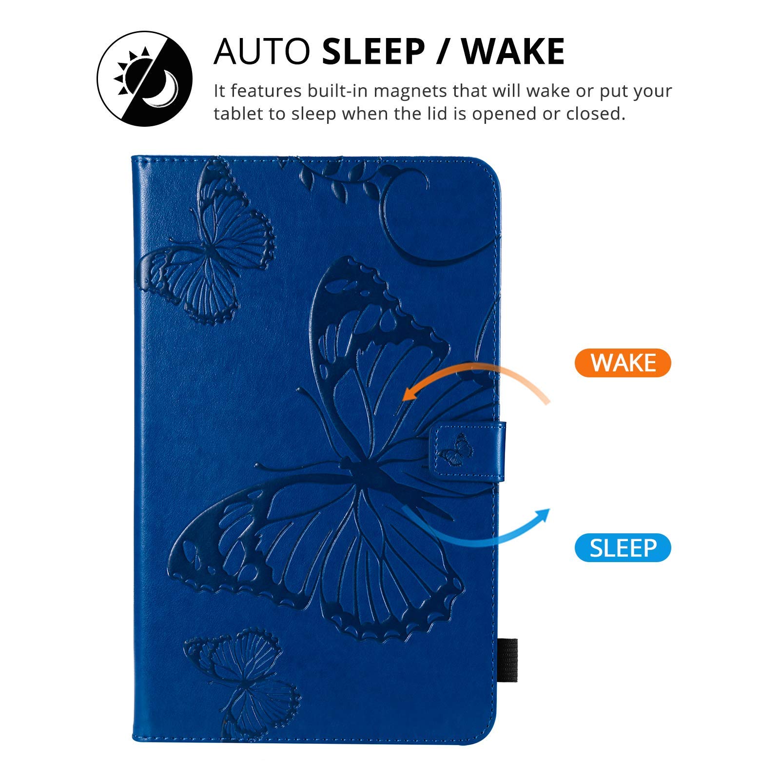 UUcovers Case for Samsung Galaxy Tab A 10.1" 2016 Version (SM-T580/T585/T587,NO S Pen) with Pencil Holder, Smart Stand Embossed PU Leather Folio Card Wallet Cover [Auto Wake/Sleep], Blue Butterfly