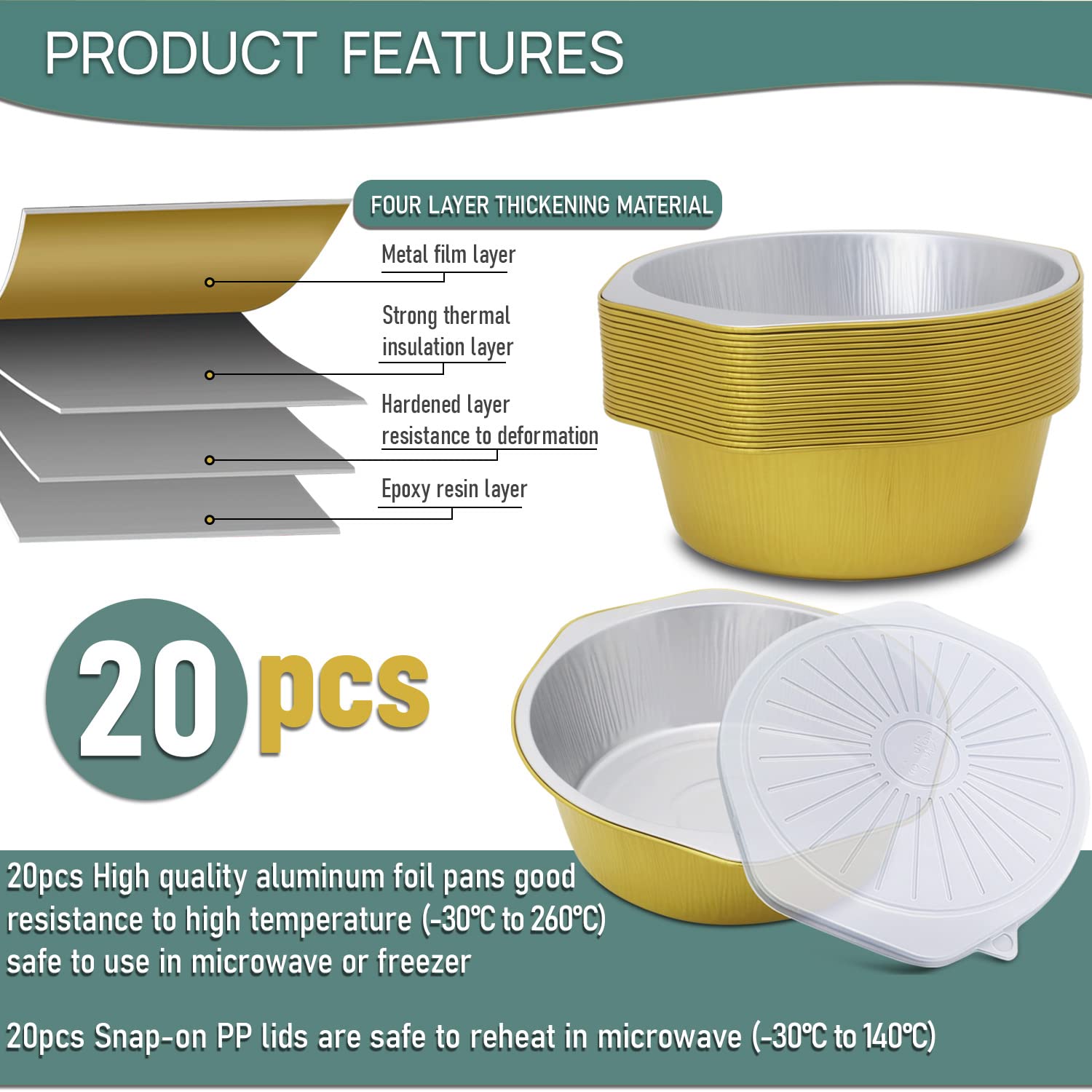 YAFIRST 20 Pcs 8" Aluminum Foil Pans with Lids, 3X Thick Heavy Duty Tin Food Containers 3lb. Disposable Cookware Baking Pans for Cooking, Baking & Meal Prep. Oven, Freezer and Microwave Safe.
