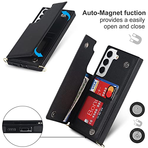 DEFBSC Compatible with Samsung Galaxy S21 FE Case, Crossbody Wallet Case, Adjustable Detachable Lanyard Neck Strap with Kickstand Leather Card Holder Protective Cover-Black