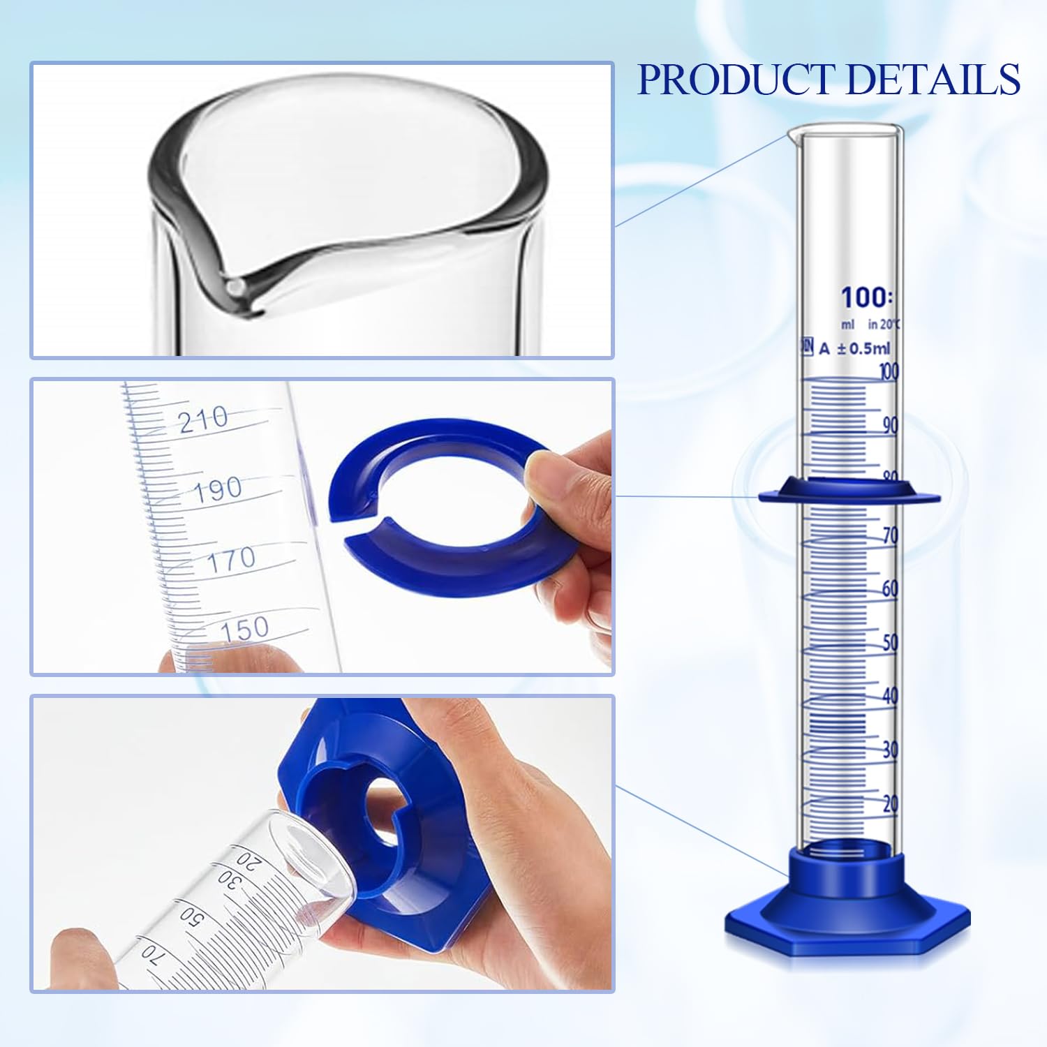 Thick Glass Graduated Cylinder Measuring Liquid Lab Cylinders with Anti-Falling Plastic Base and Bumper Guards and Cylinder Brush (Glass, 100ML)