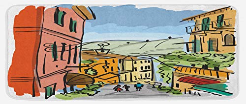 Ambesonne Landscape Kitchen Mat, Pastel Contrast Toned European Streets Tourist Historical Town Visit Downtown, Plush Decorative Kitchen Mat with Non Slip Backing, 47" X 19", Multicolor