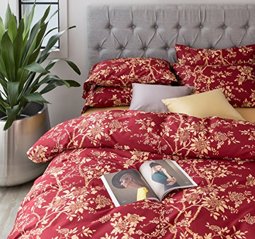 Eastern Floral Chinoiserie Blossom Print Duvet Quilt Cover Navy Blue Tan White Asian Style Botanical Tree Branches Ornamental Drawing 400TC Egyptian Cotton 3pc Bedding Set (King, Garnet)