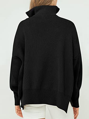 ANRABESS Women's 2023 Fall Oversized Sweater Quarter Zipper Long Sleeve Collar Drop Shoulder Half Zip Casual Slouchy Ribbed Knit Slit Side Sweatshirt Pullover Top 566heise-XS Black
