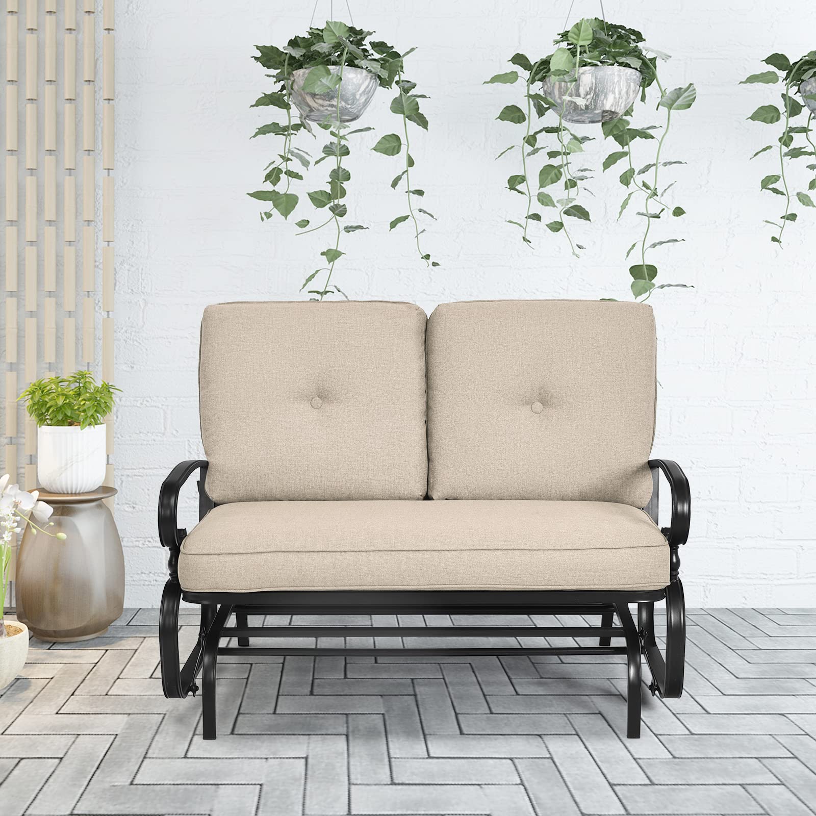 HAPPYGRILL Outdoor Swing Glider Bench Patio Loveseat Glider with Comfortable Cushions, 2 Persons Rocking Glider Chair for Porch Balcony Garden Poolside