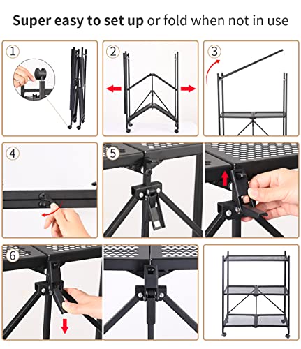 RokiaTek 3-Shelf Foldable Storage Shelves with Wheels, Large Capacity Metal Standing Shelving Unit, No Assembly Heavy Duty Organizer Rack for Kitchen, Garage, Basement, Pantry, Matte Black