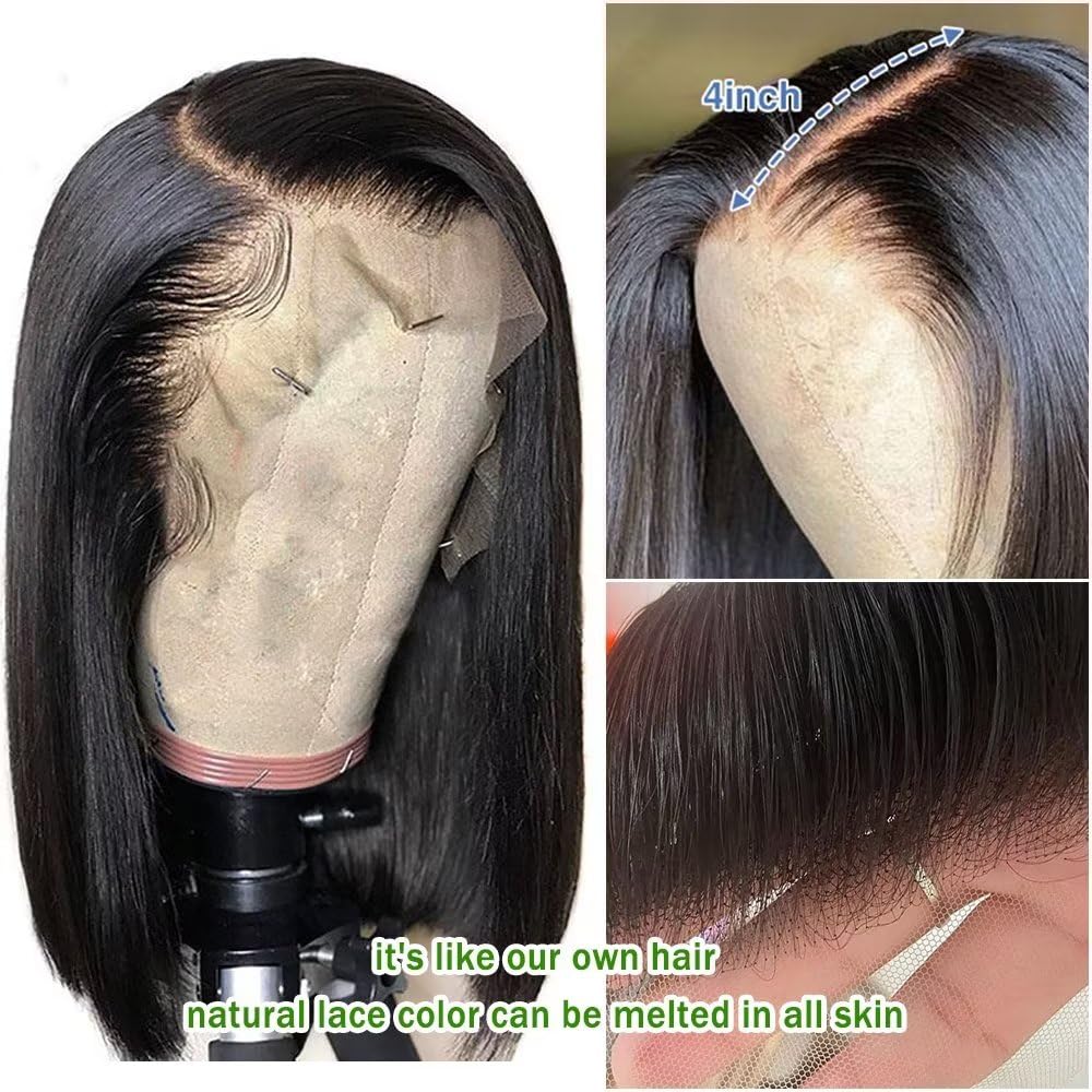 Akcswo Bob Wig 13x4 150% Density Frontal Black Short Bob Lace Front Wigs Pre Plucked Straight Bob Human Hair Wig 10 Inch