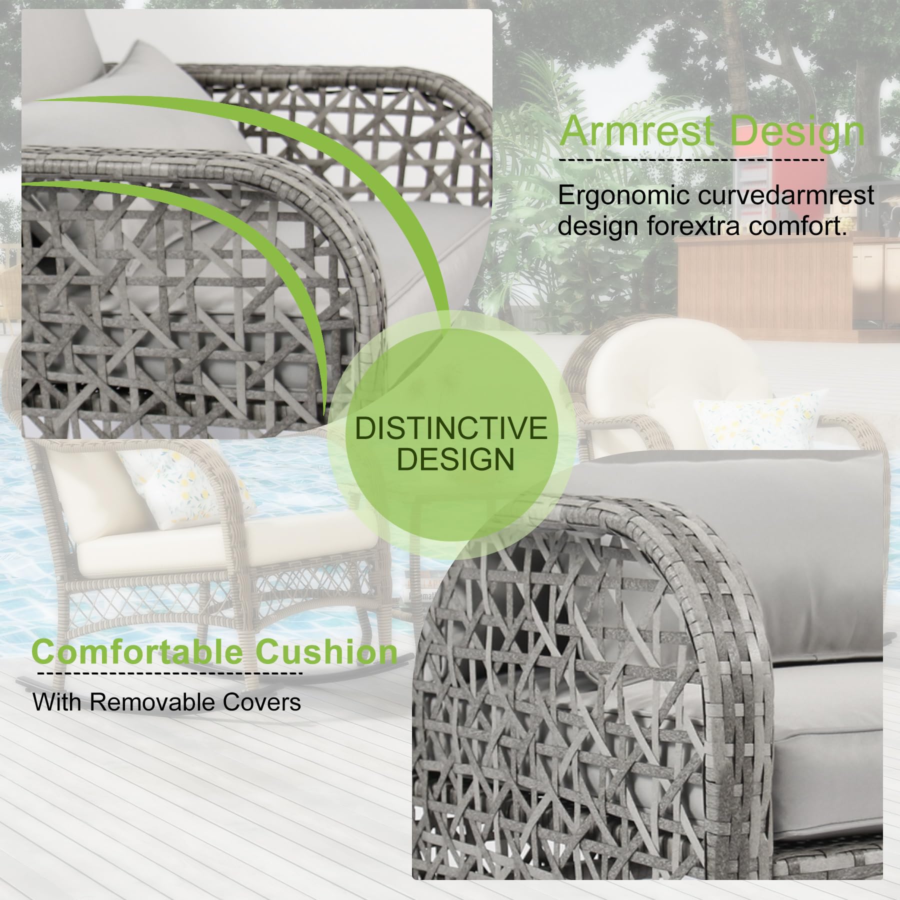 BALDPER 6-Piece Gray Wicker Patio Rocking Chairs Set, Rocking Wicker Bistro Set, Outdoor Furniture Conversation Set with Porch Chairs and Glass Coffee Table, Cloudy Grey