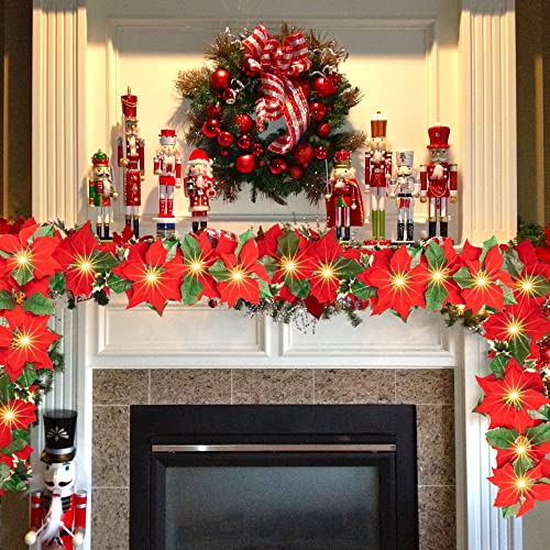 Dazzle Bright 2 Pack 7 FT Christmas Poinsettia Flowers Garland Decorations, 10 LED Lighted Artificial Velvet String Lights with Red Berries, Xmas Ornaments for Indoor Outdoor Fireplace Decor