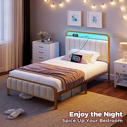 Rolanstar Bed Frame Twin Size with Charging Station and LED Lights, Upholstered Velvet Bed with Headboard Footboard, Heavy Duty Metal Slat, No Box Spring Need, Noise Free, Easy Assembly, Golden Color