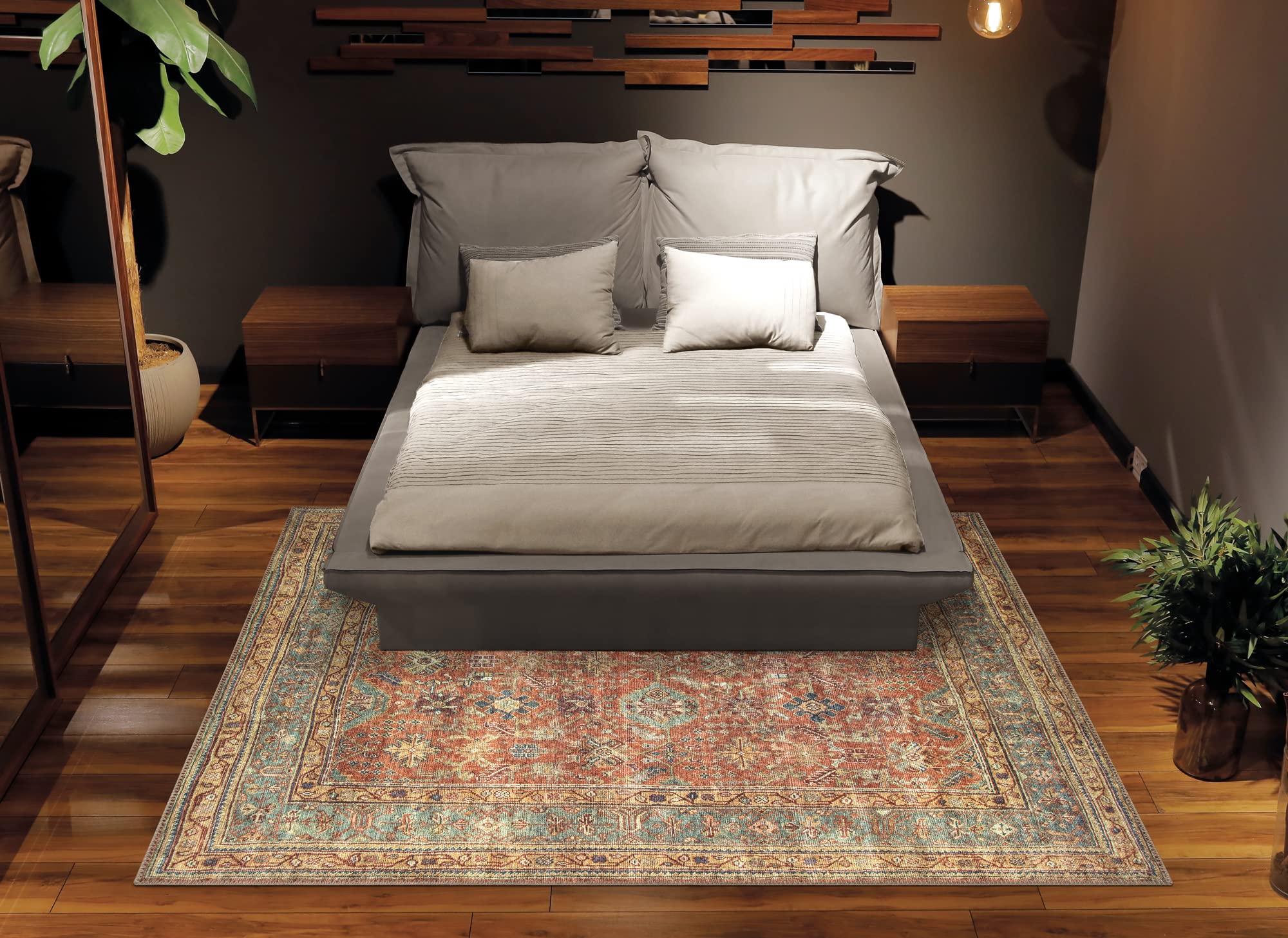 Bloom Rugs Washable Non-Slip 3' x 5' Rug - Terracotta/Mustard Traditional Area Rug for Living Room, Bedroom, Dining Room, and Kitchen - Exact Size: 3' x 5'