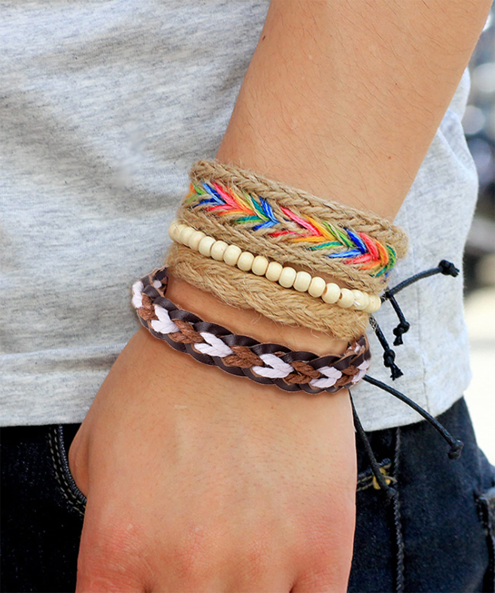 Akeoqi 12Pcs Braided Leather Bracelets Set For Men Women Wooden Beaded Cuff Wrap Bracelet Boho Ethnic Tribal Linen Hemp Cords Wrap Bracelets Adjustable Rainbow And White