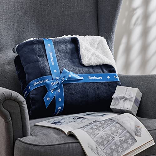 Bedsure Sherpa Fleece Throw Blanket Twin Size for Couch - Thick and Warm Blanket for Winter, Soft and Fuzzy Fall Throw Blanket for Bed, Navy, 60x80 Inches
