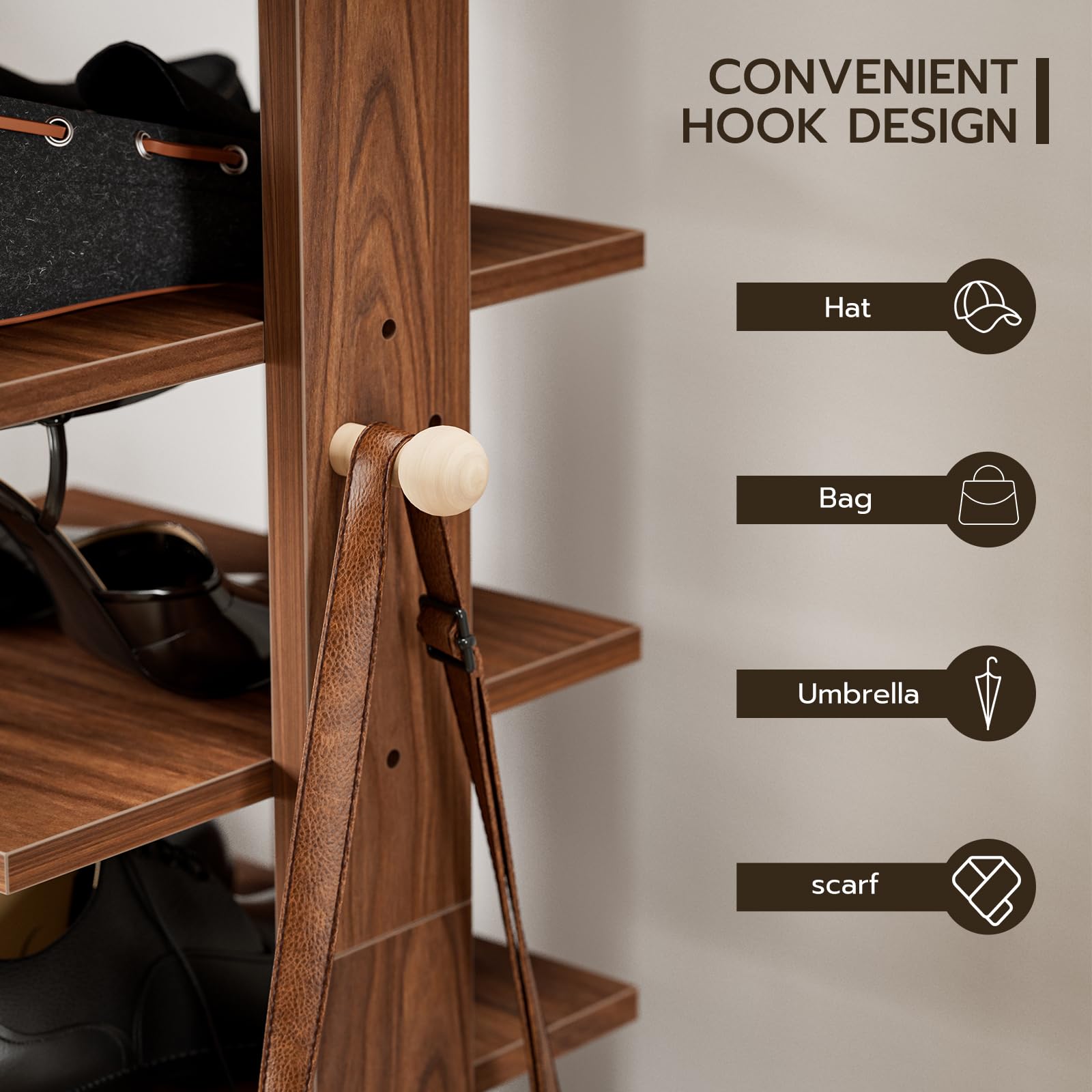 XBurmo Vertical Shoe Rack,9 Tier Shoe Storage Organizer with Hooks,Tall Shoe Tower,Slim Standing Shoe Shelf,Wooden Cubby Shoe Storage for Entryway/Small Spaces/Closet/Corner(walnut)