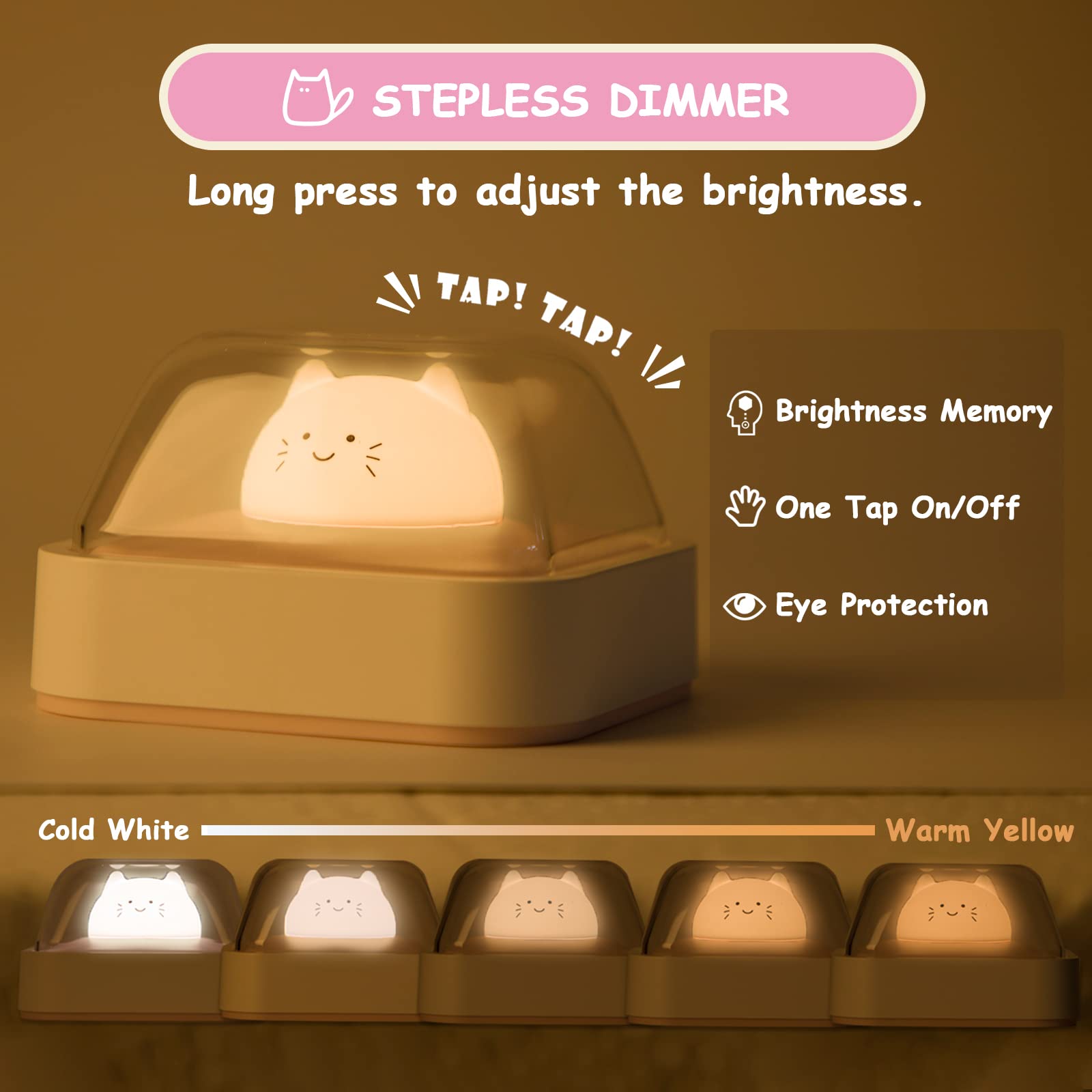 AVSMGP Nursery Night Light, Baby Night Light for Breastfeeding and Sleep Aid, Portable Battery Powered Bedside Nightlight, Touch Control Dimmable Nursery Lamp, Cute Cat Gifts for Cat Lovers,Pink