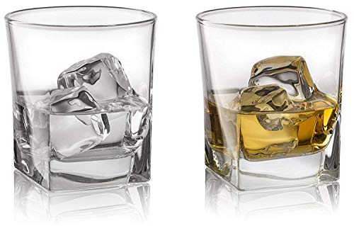Double Old Fashioned Whiskey Glass (Set of 4) with Granite Chilling Stones - 10 oz Heavy Base Rocks Barware Glasses for Scotch, Bourbon and Cocktail Drinks