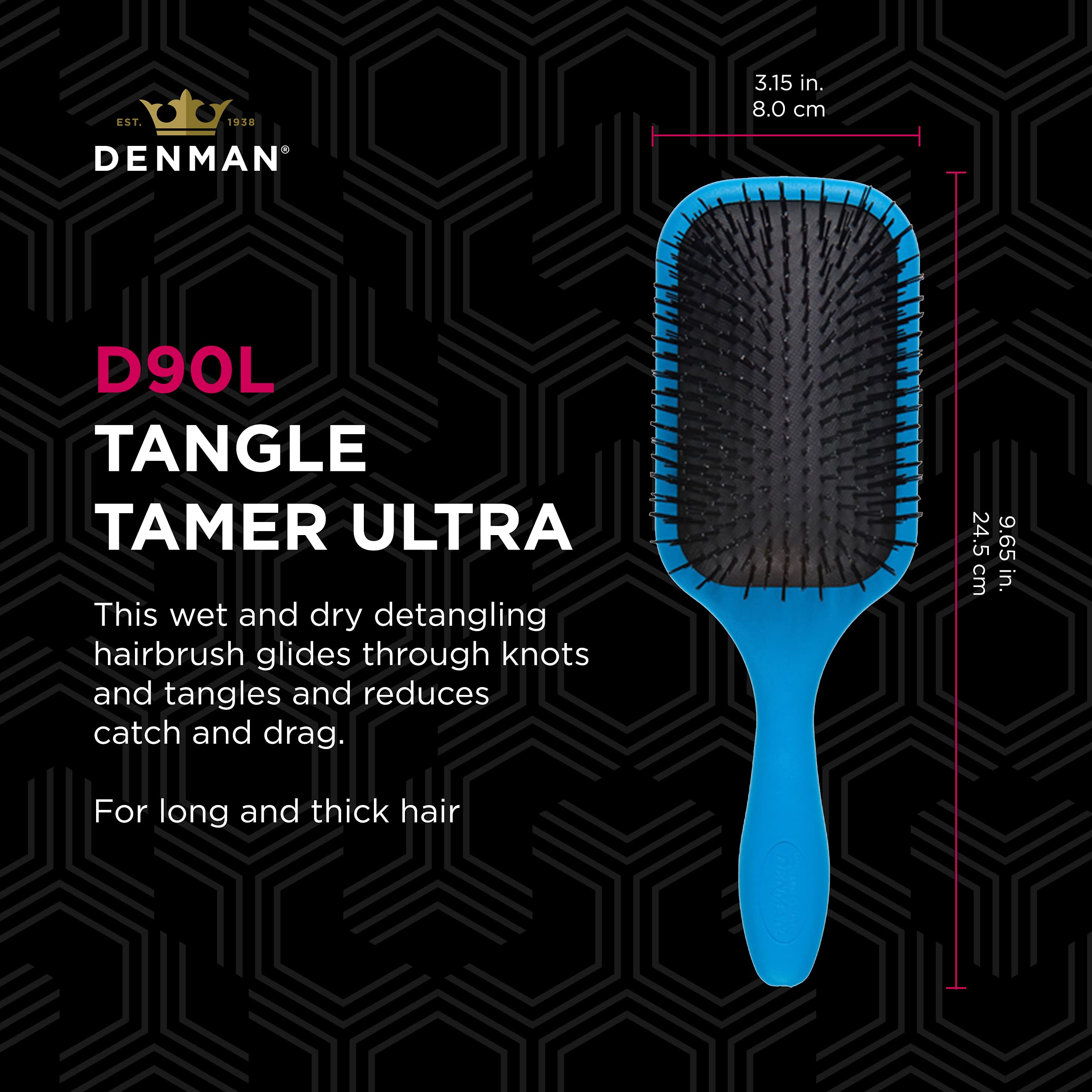 Denman Tangle Tamer Ultra (Blue) Detangling Paddle Brush For Curly Hair And Black Natural Hair - use with both Wet & Dry Hair, D90L
