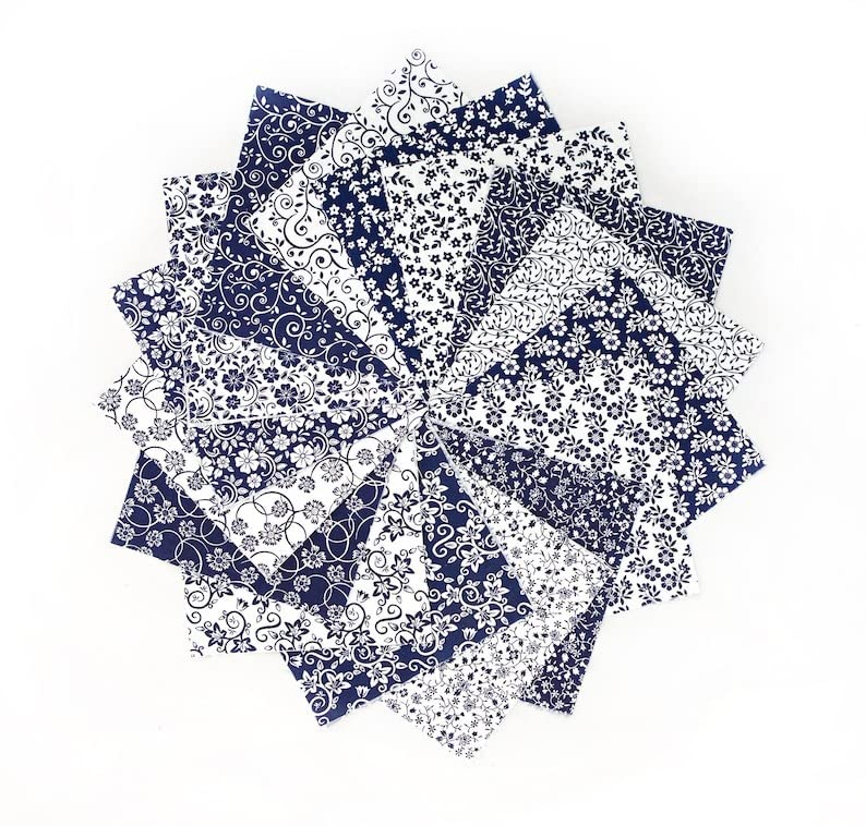 96 Pcs Fabric Strips Cute, Beautiful 100% Cotton Fabric Quilt, Width 5 inch Length 5 inch, Gift New Navy & White Basics pre-Cut Charm Pack Squares, DIY Blanket